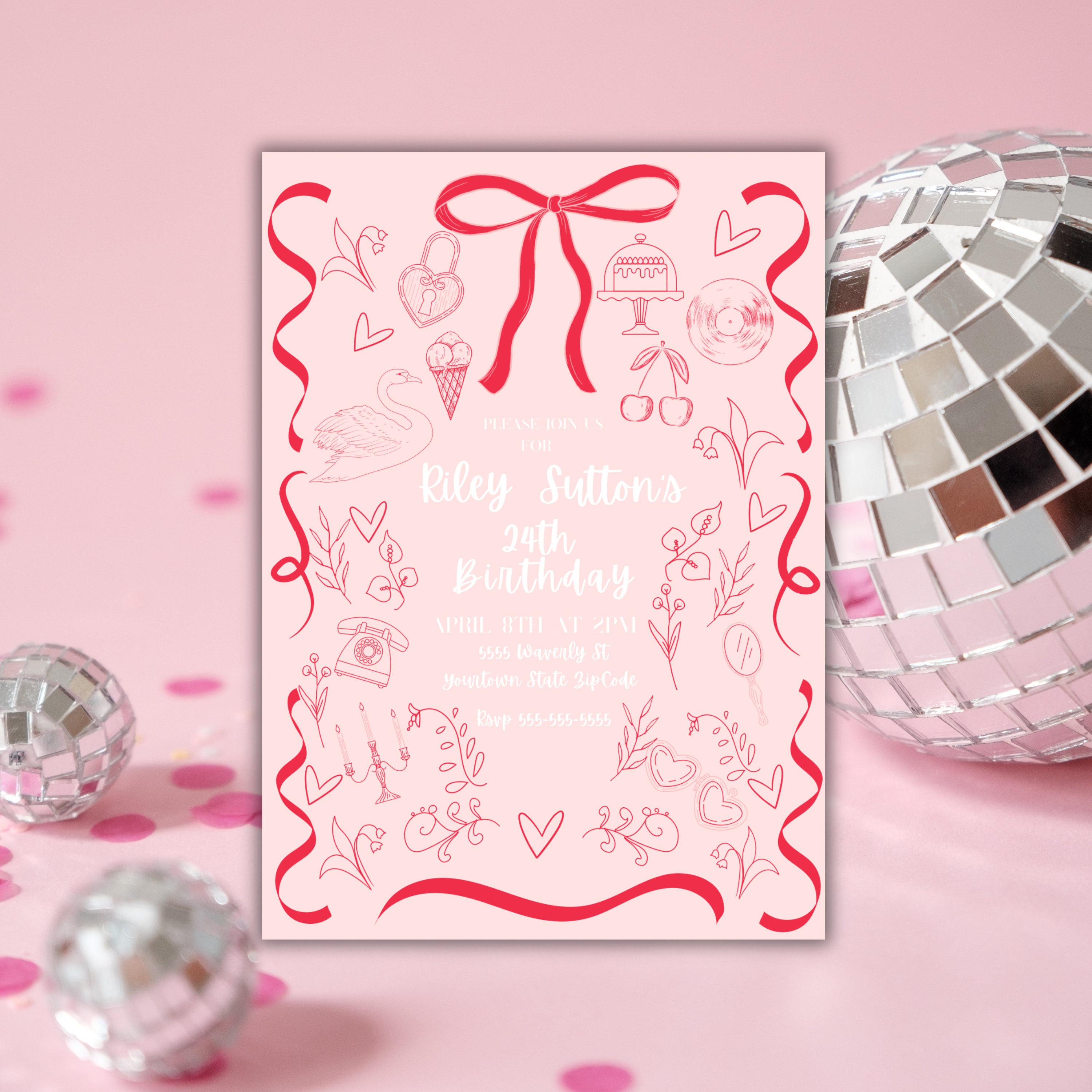 Editable Fancy Bow Invites, Bow Theme Party Coquette Aesthetic, Wavy ...