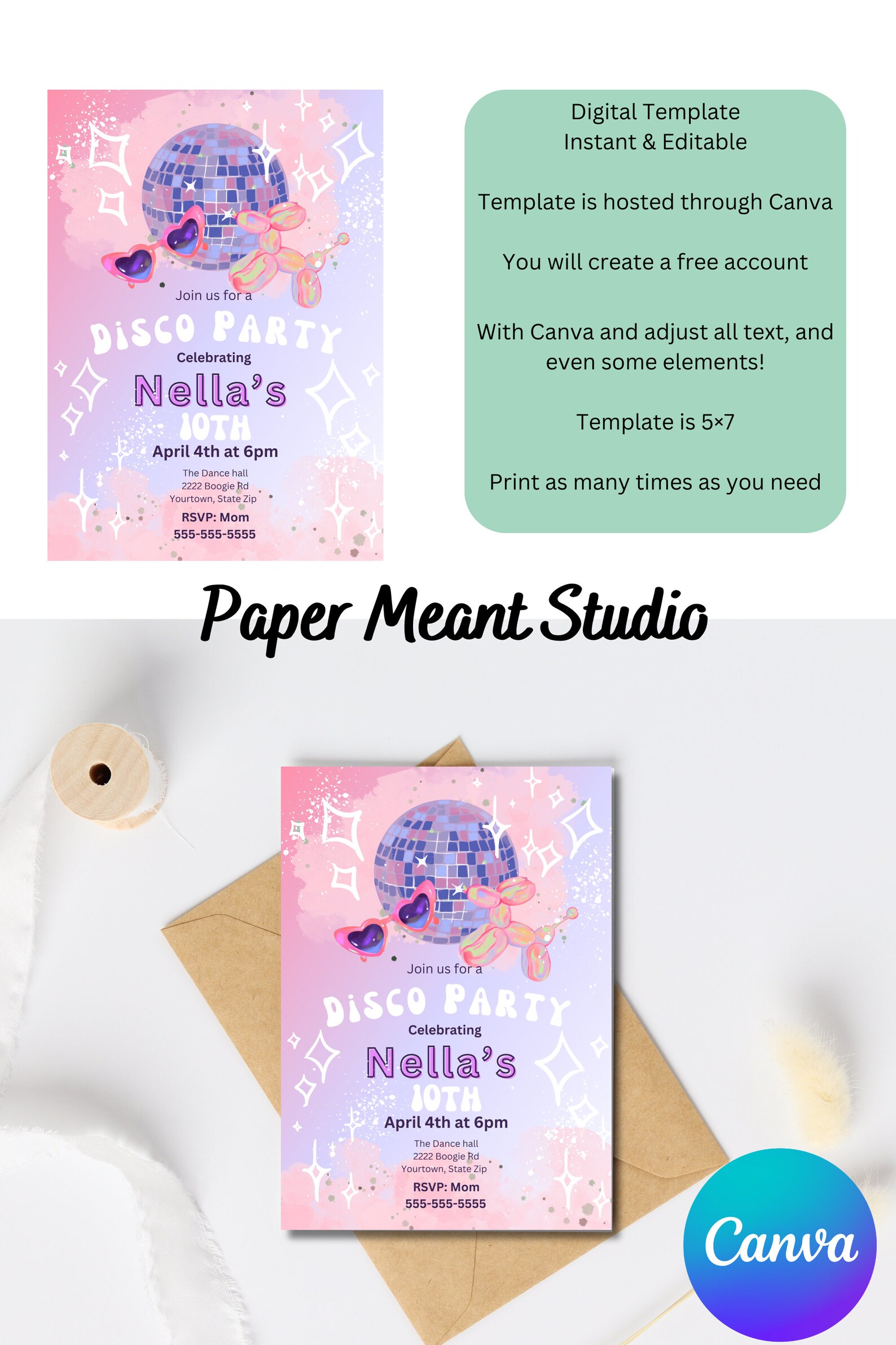 Editable Invite Disco Ball Invitation Disco Party Teen - Etsy