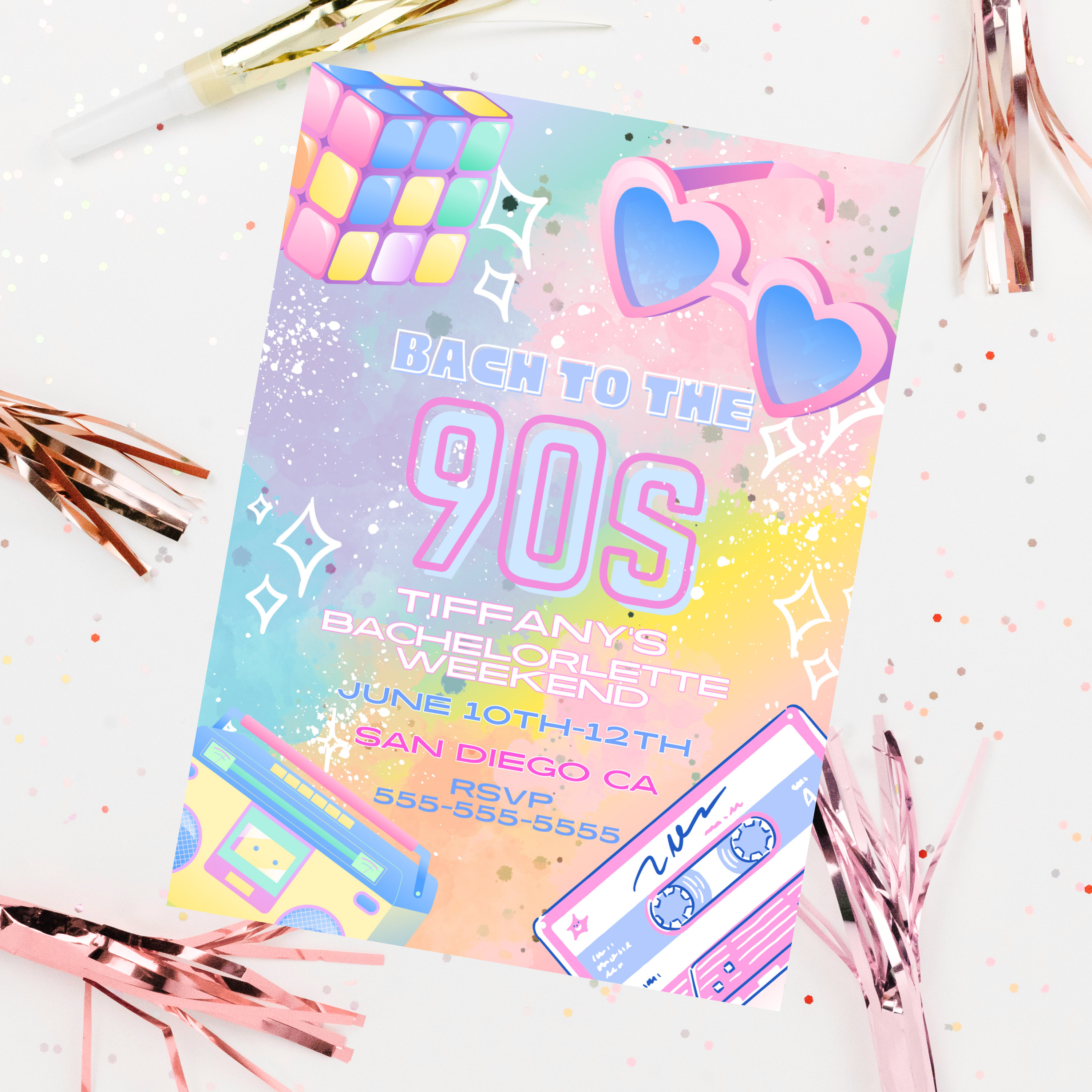Printable 90s Theme Bachelorette Invite Pastel Invitation Bach to the ...