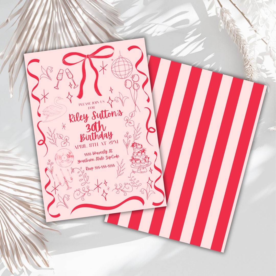 Editable Fancy Bow Disco Party Invites, Bow Garden Theme Party Coquette ...