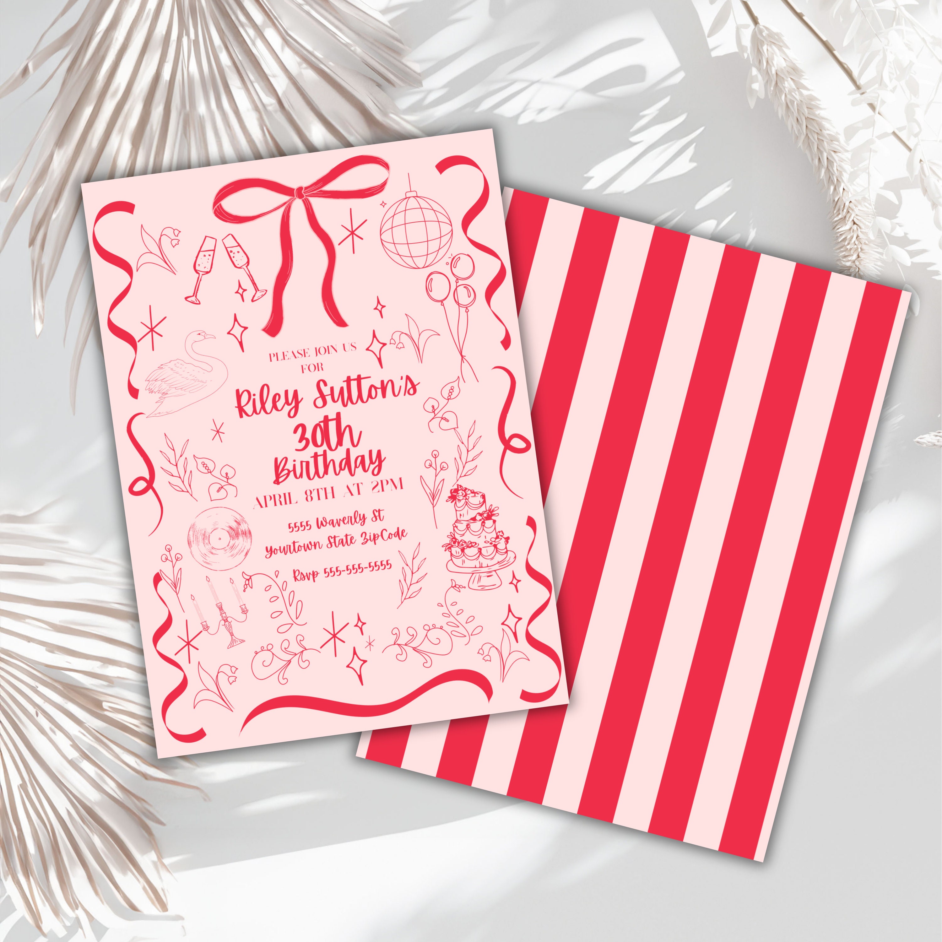 Editable Fancy Bow Disco Party Invites, Bow Garden Theme Party Coquette ...
