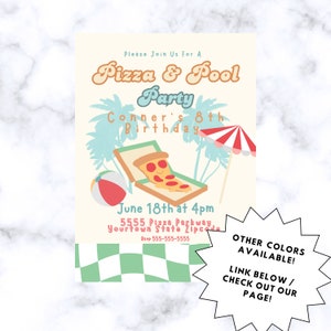 Editable Pizza Pool Party Invitation Retro Pink Swimming Retro Preppy ...