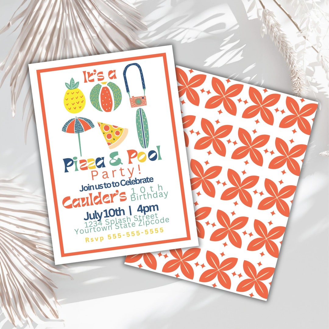 Editable Pizza Pool Party Invitation Retro Boys Swimming Retro Pizza ...