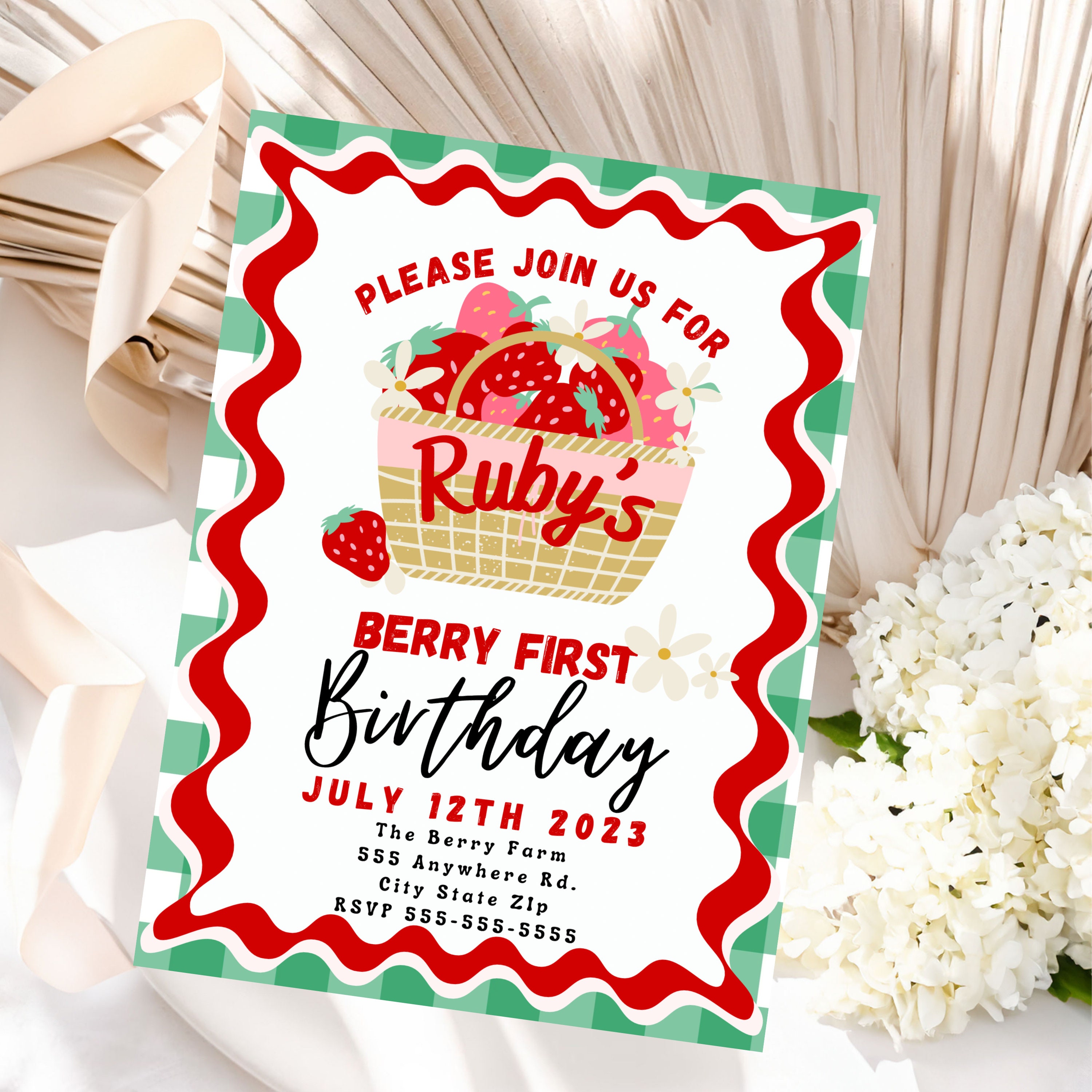 Editable Berry First Birthday Invites Strawberry Invitation , Retro ...