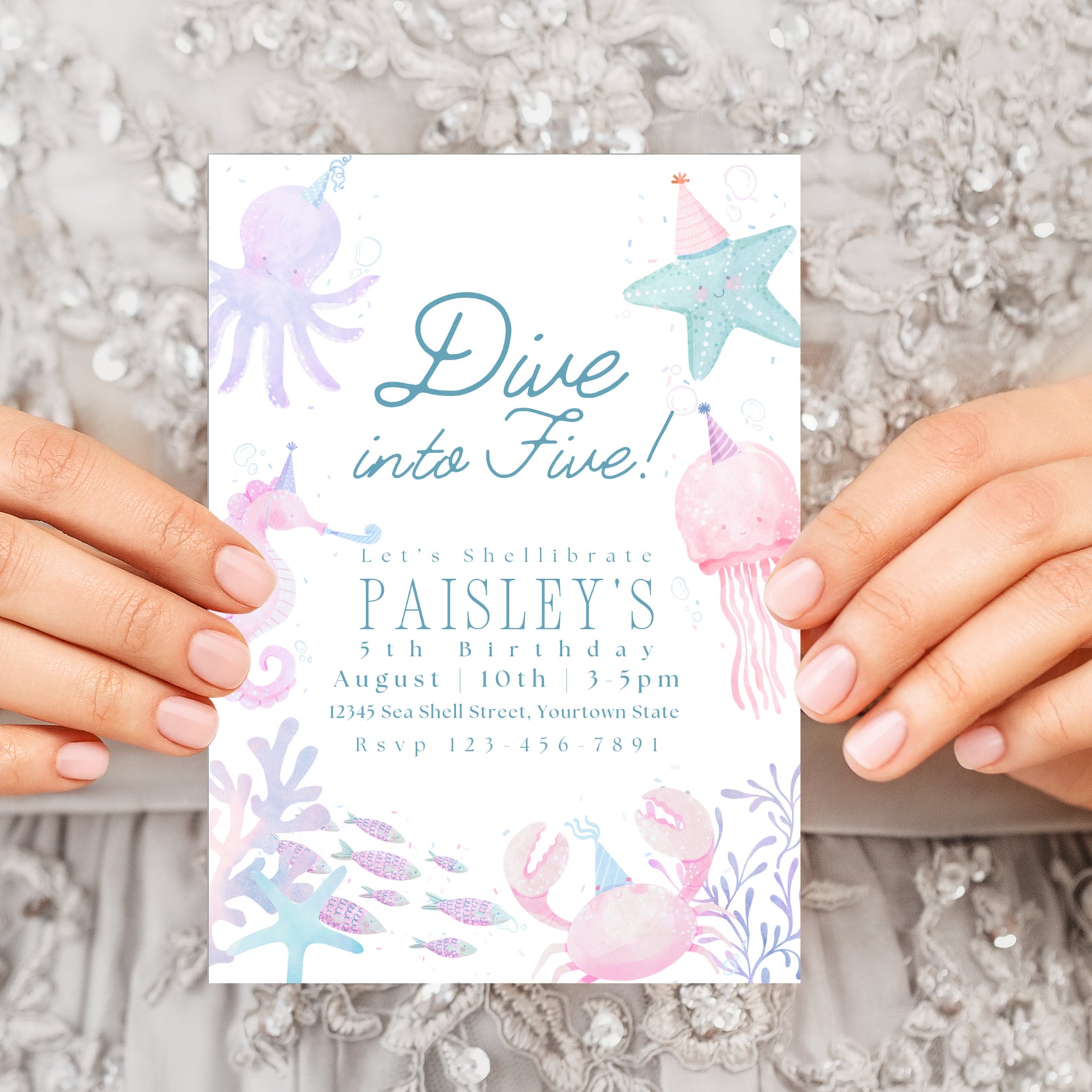 Editable Dive Into Five Invitation Pastel Beach Pool Party Girls 5th ...