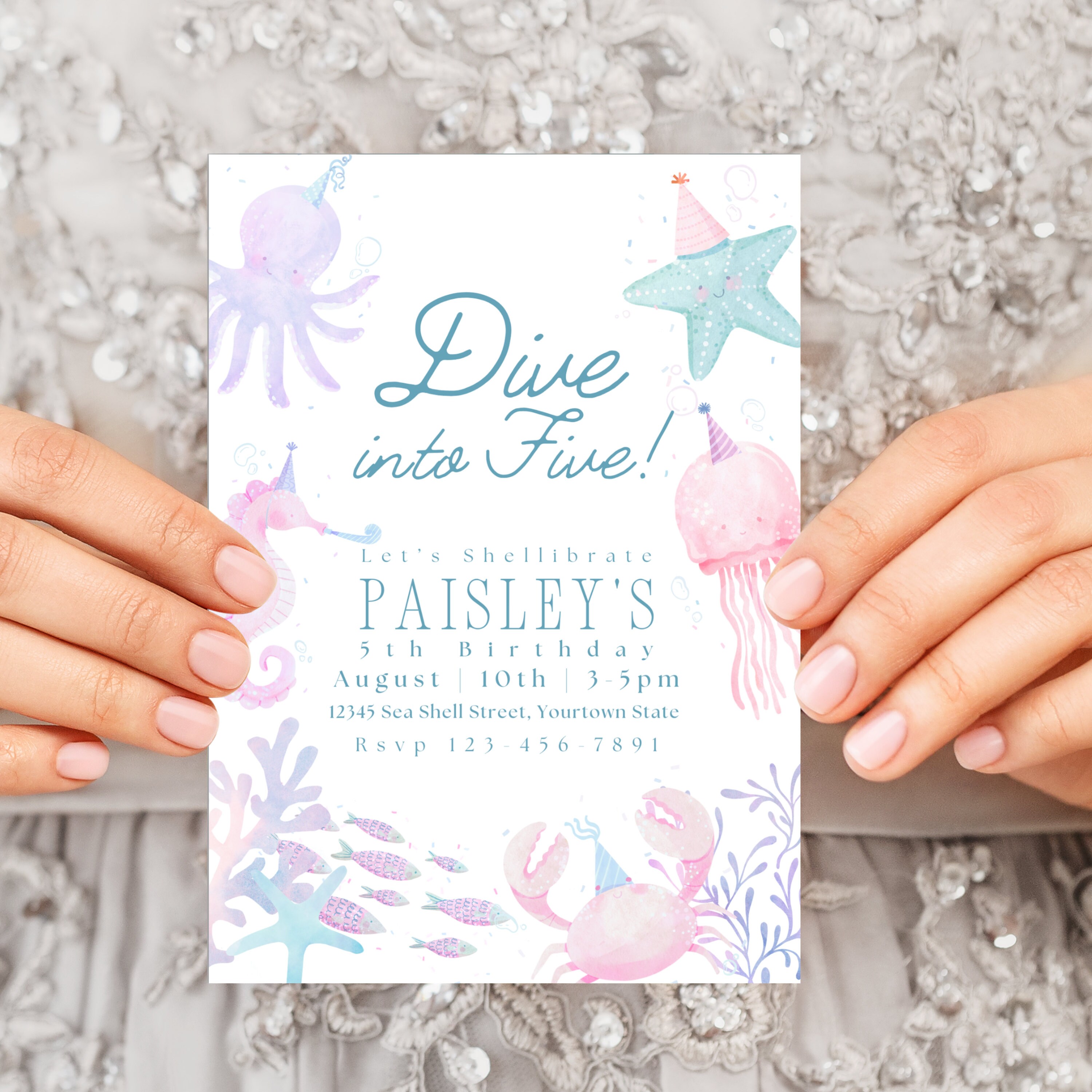Editable Dive Into Five Invitation Pastel Beach Pool Party Girls 5th ...