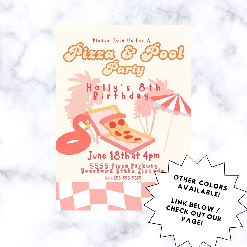 Editable Pizza Pool Party Invitation Retro Boys Swimming Retro Pizza ...