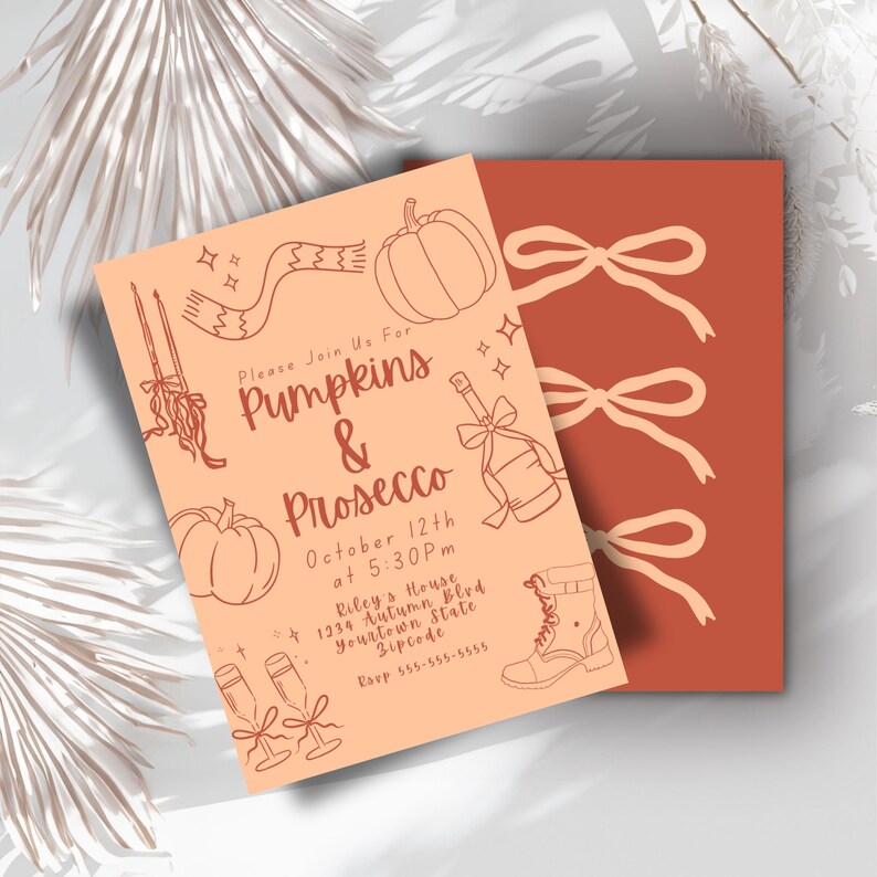 Editable Pumpkin and Prosecco Bow Invites, Bow Theme Party Coquette ...