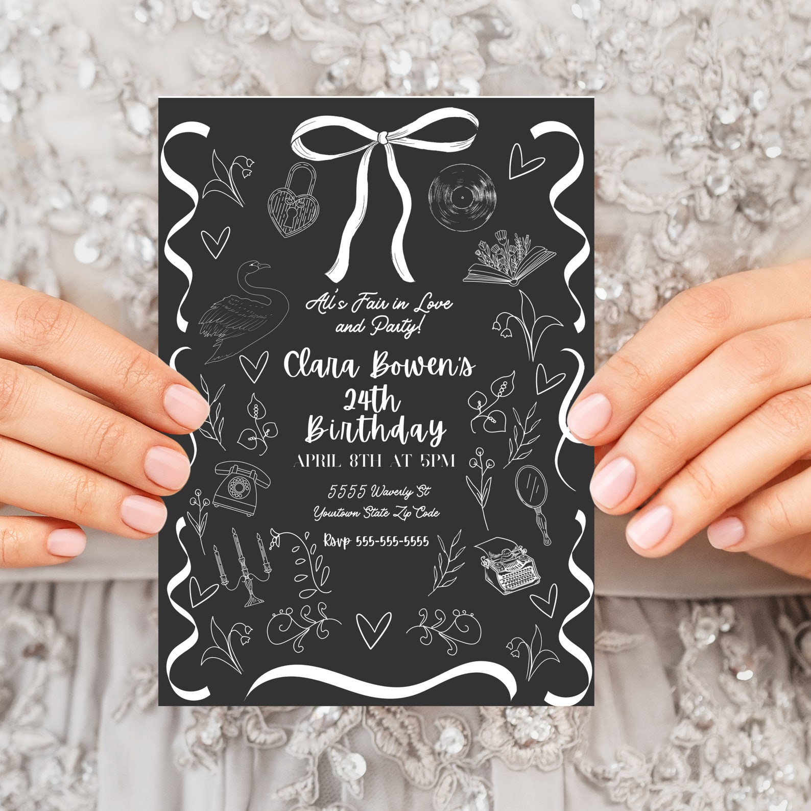 Editable TTPD Themed Fancy Bow Invites Poets Department Party Bow Theme ...