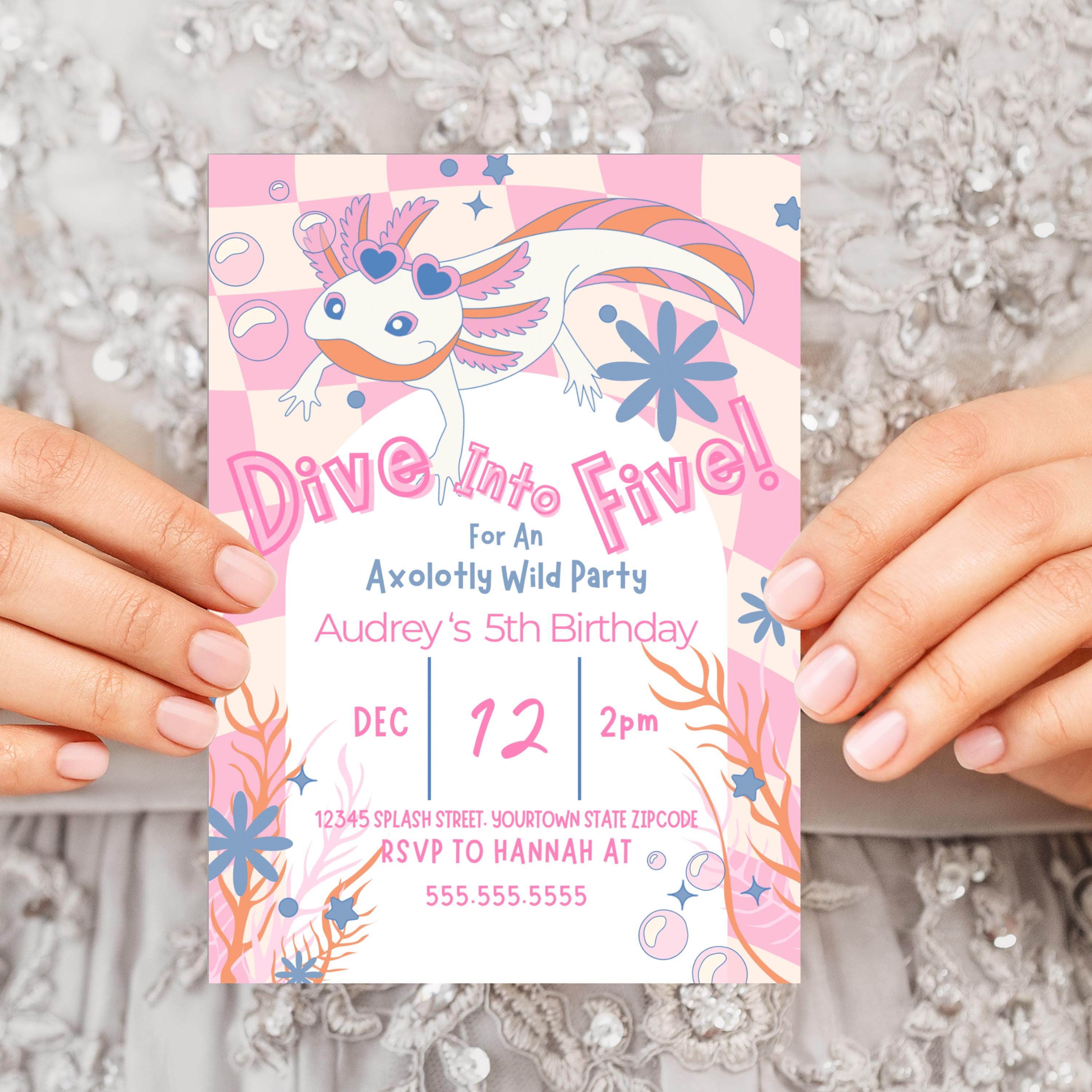 Editable Axolotl Dive Into Five Girl Invite Cool Girl Pink Axolotl 5th ...