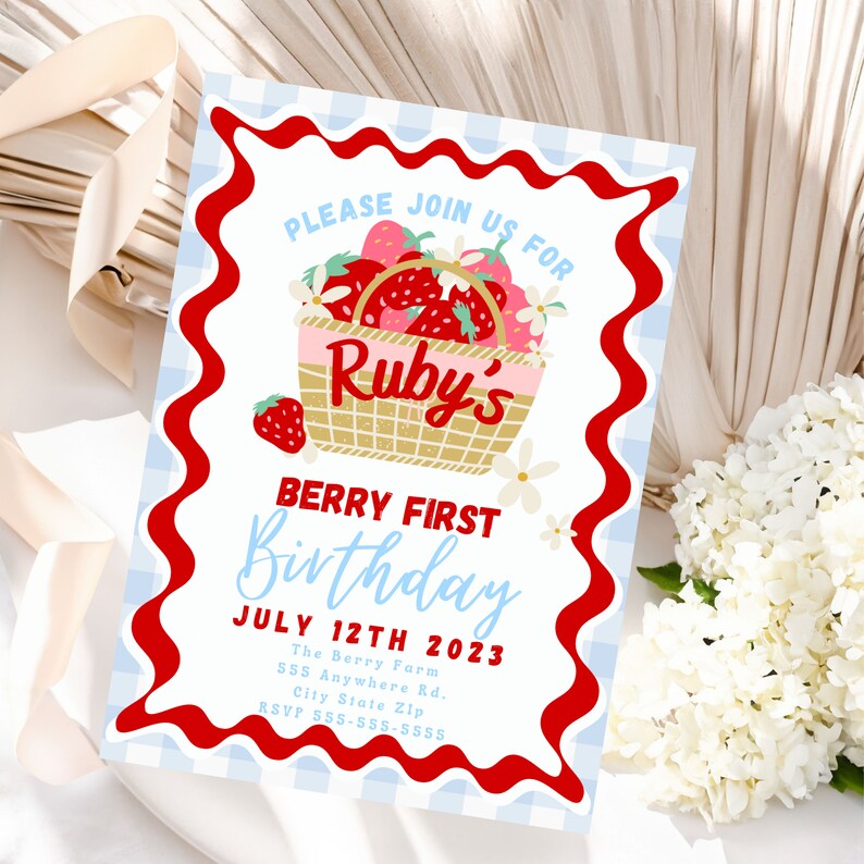 Editable Strawberry Birthday Invitation , Retro Wavy Berry Invitation ...
