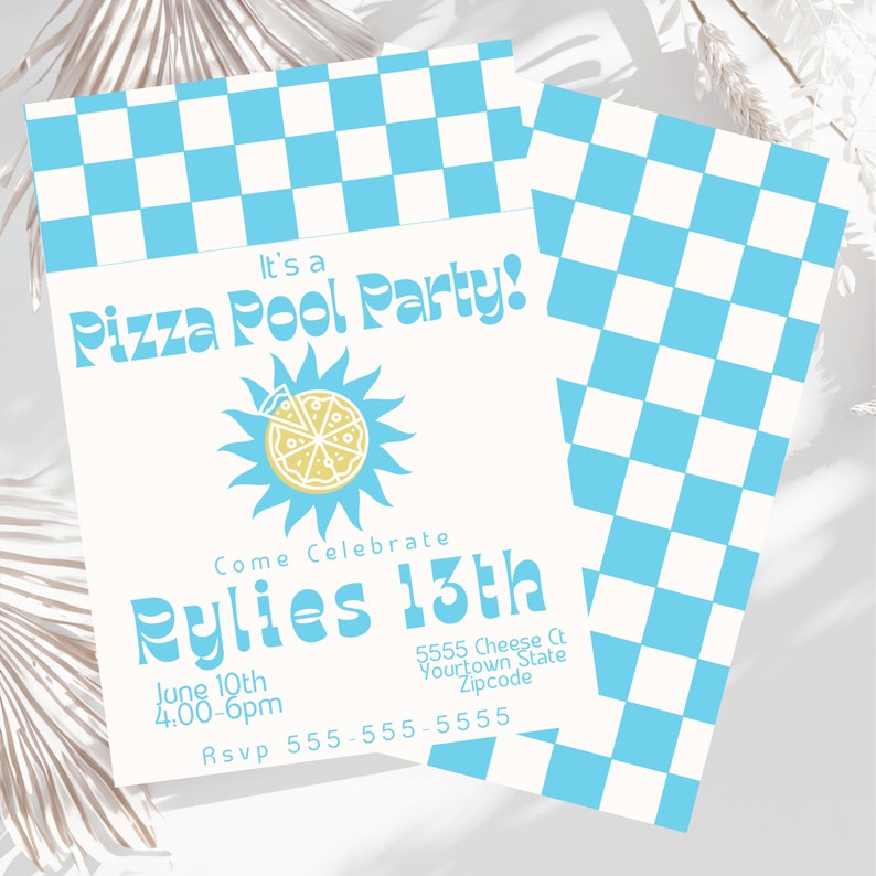 Editable Pizza Pool Party Invitation Retro Aqua Swimming Retro Preppy ...
