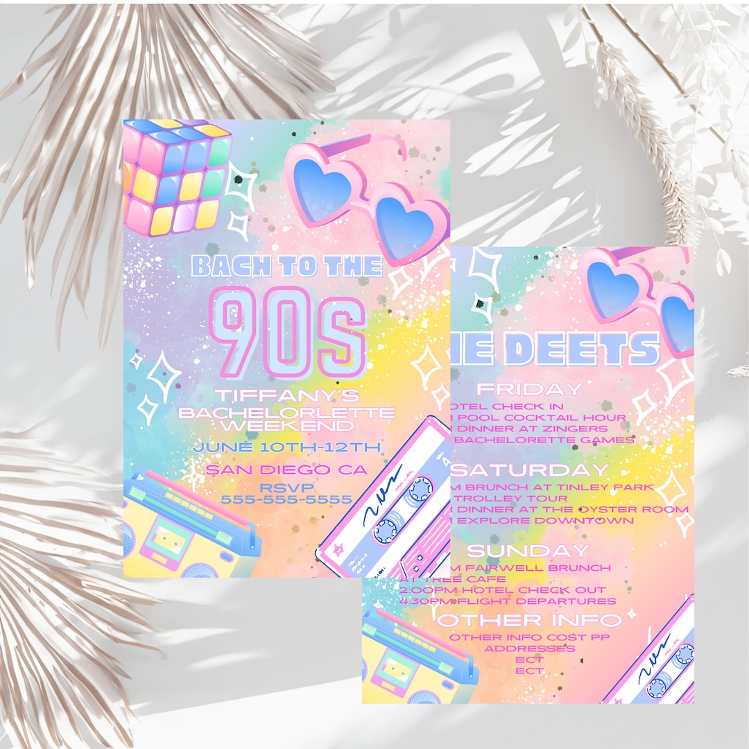 Printable 90s Theme Bachelorette Invite Pastel Invitation Bach to the ...