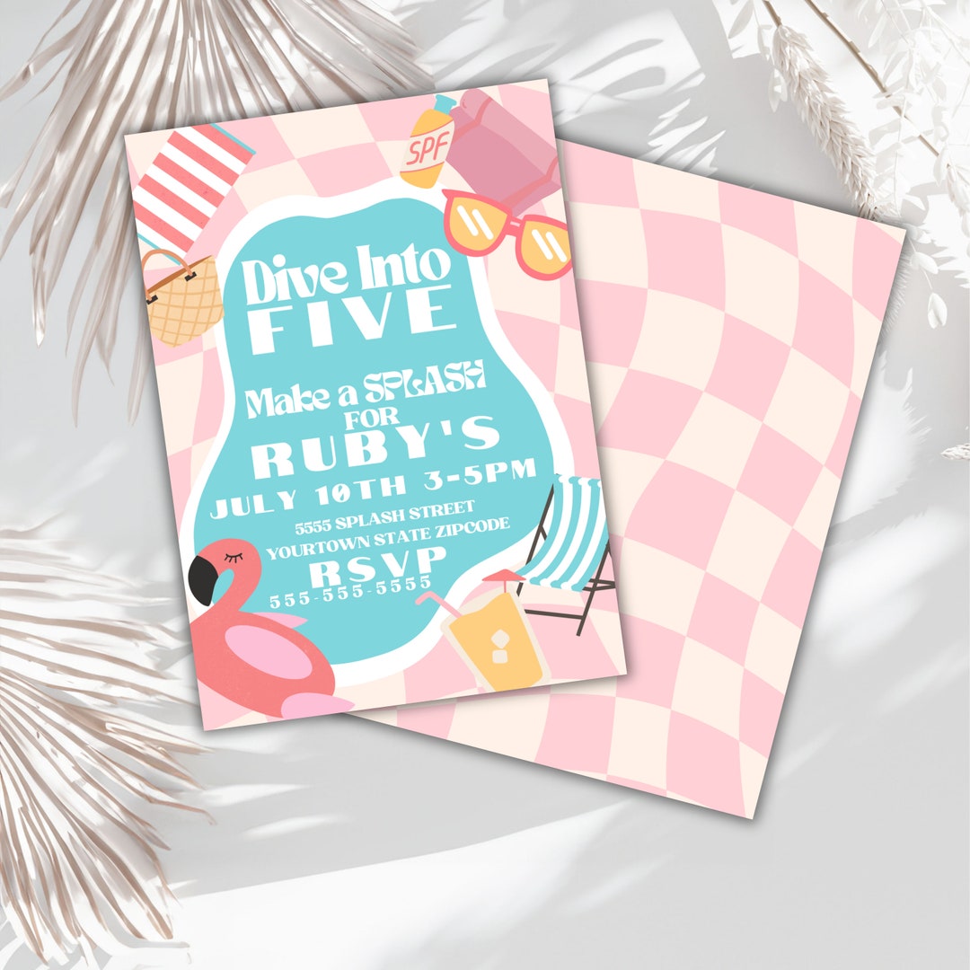 Editable Dive Into Five Invitation Flamingo Pool Party Cool 5th ...