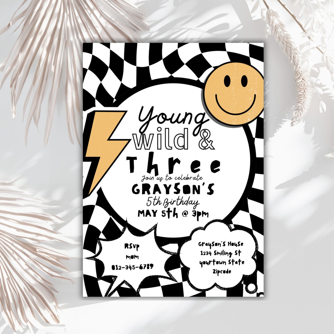 Editable Young Wild and Three Invitation retro Boys 3rd Birthday Wild ...