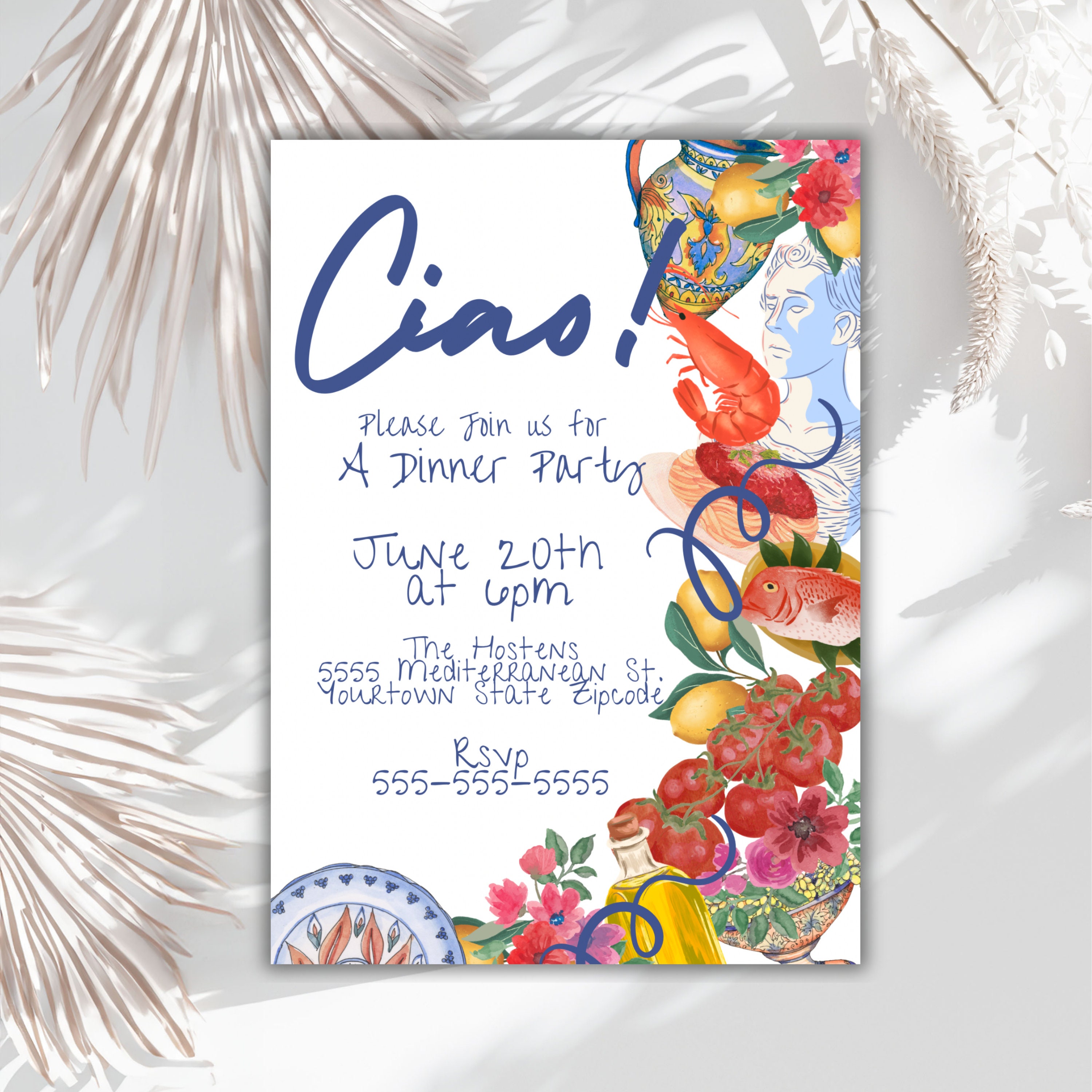 Editable- Italian Dinner Party Invite Italy Mediterranean Illustrated ...