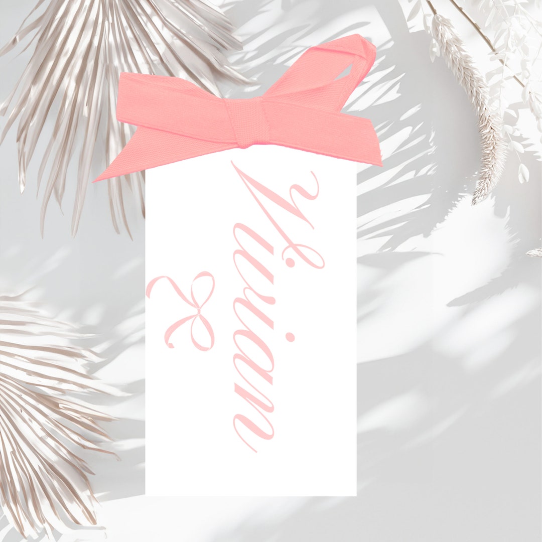 Editable Blush Bow Tea Name Tags Bridal Shower Garden Party Coquette ...