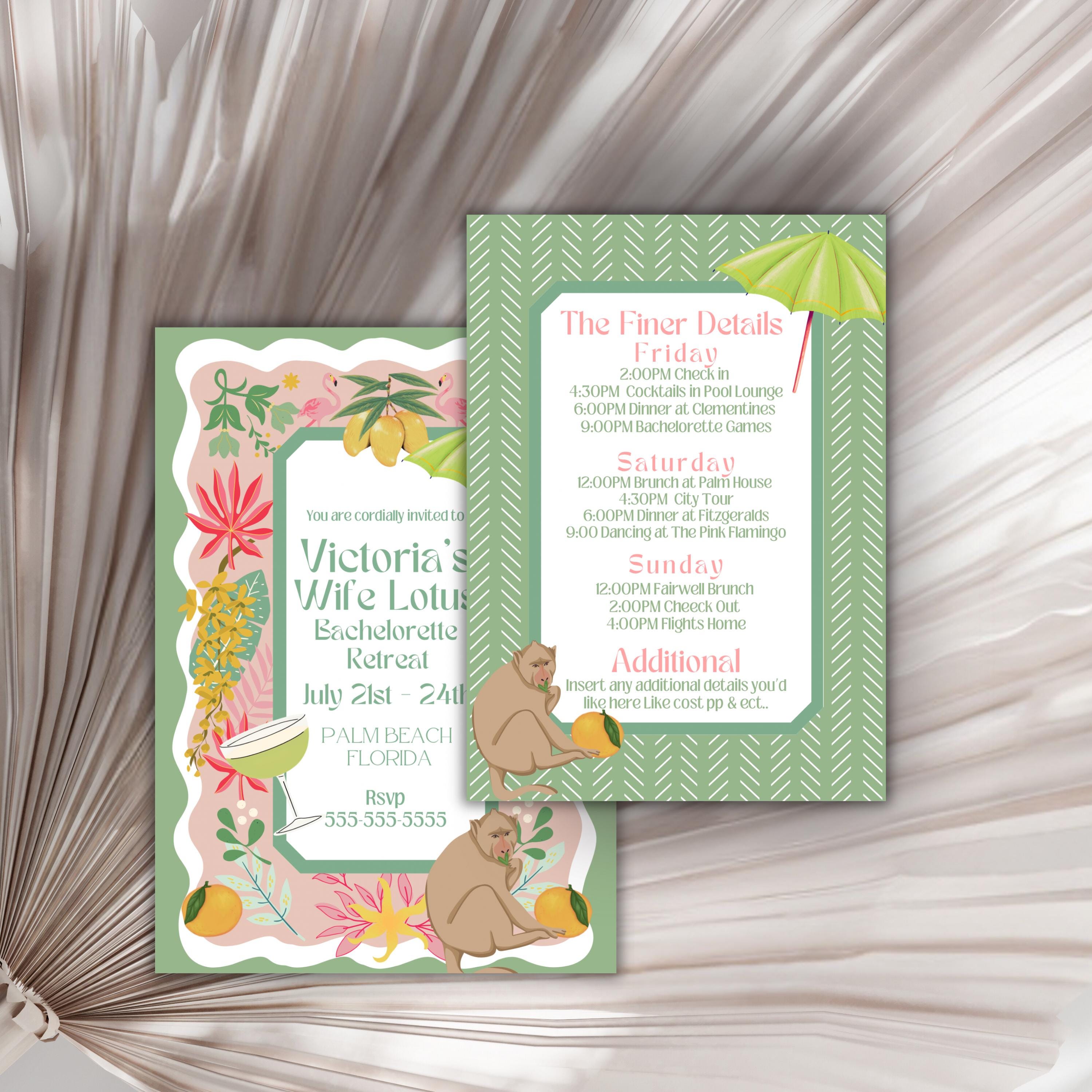 Editable Wife Lotus Bachelorette Resort Invite Beach Retro Flamingo ...