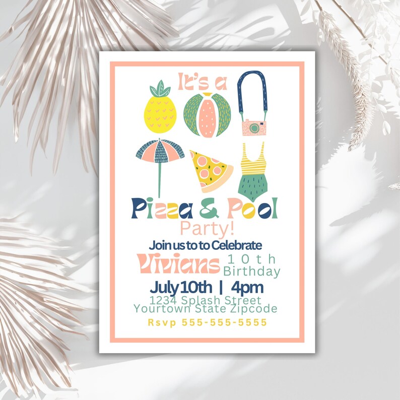 Editable Pizza Pool Party Invitation Retro Pink Swimming Retro Preppy ...