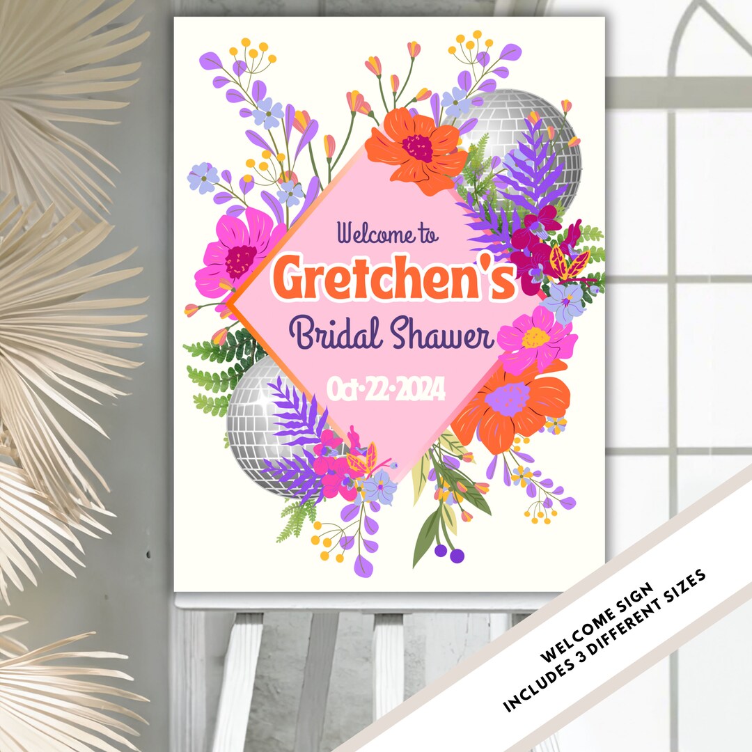 Editable Disco Garden Bridal Shower Welcome Sign, Wedding Retro Shower ...