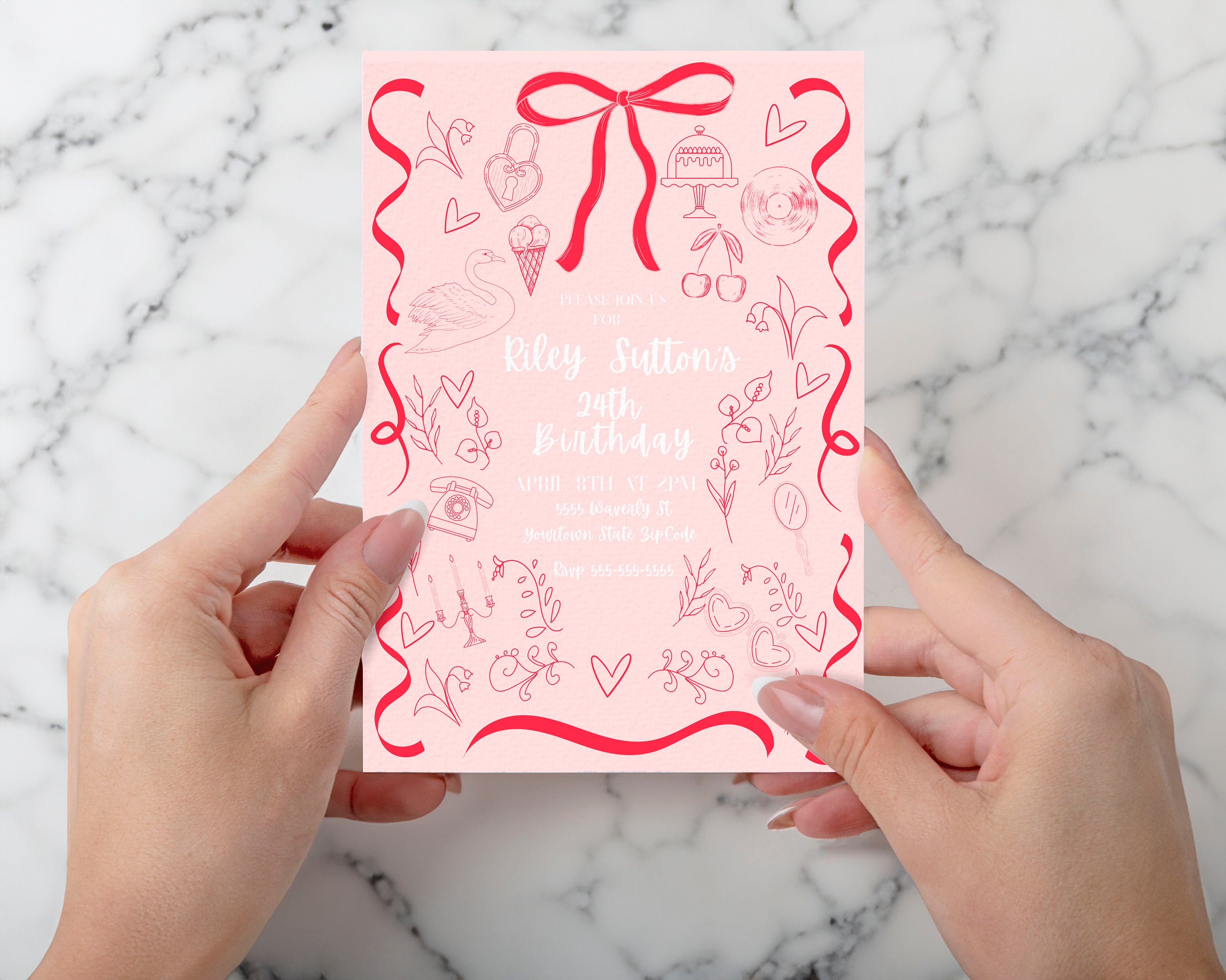 Editable Fancy Bow Invites, Bow Theme Party Coquette Aesthetic, Wavy ...