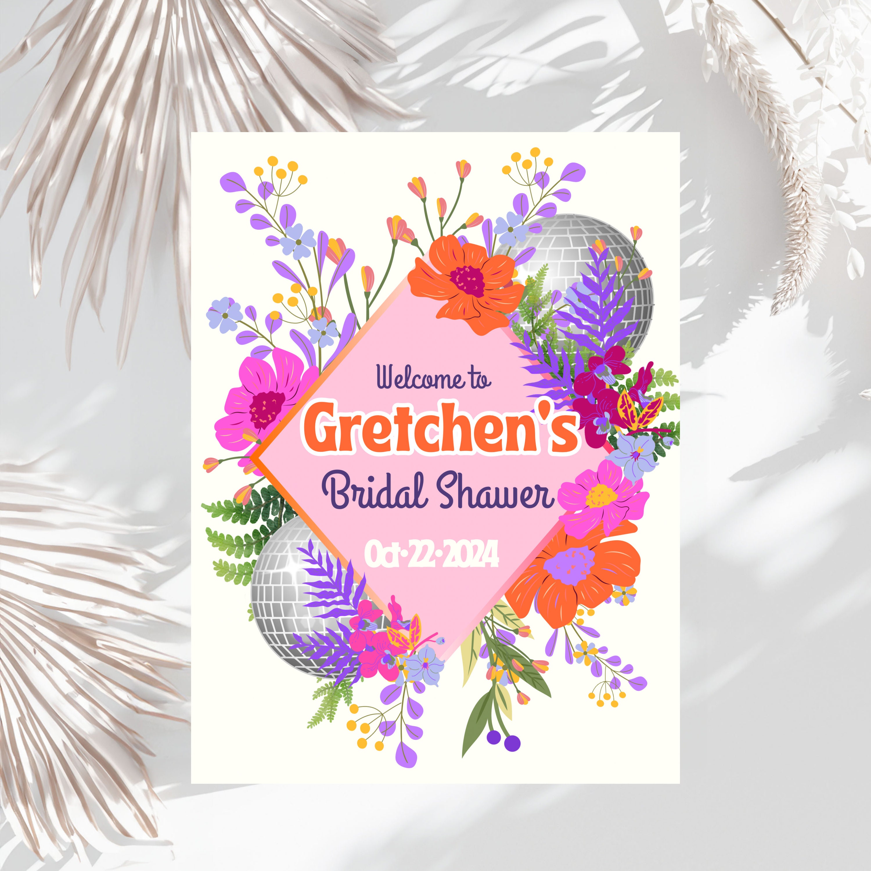 Editable Disco Garden Bridal Shower Welcome Sign, Wedding Retro Shower ...