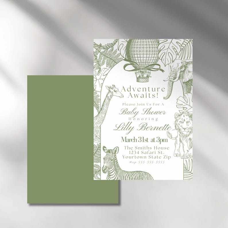 Editable Adventure Awaits Baby Shower Invite Themed Toile Wild Animal ...