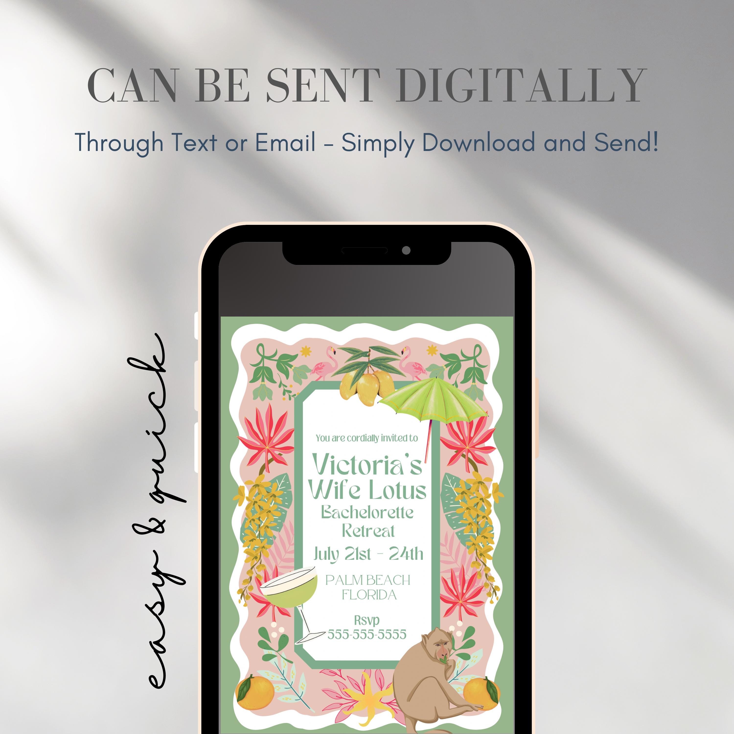 Editable Wife Lotus Bachelorette Resort Invite Beach Retro Flamingo ...