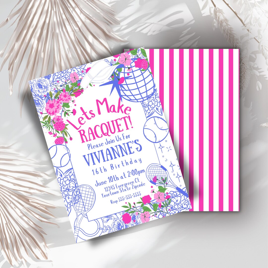 Preppy Pink Tennis Birthday Invitation – Editable Template (digital ...