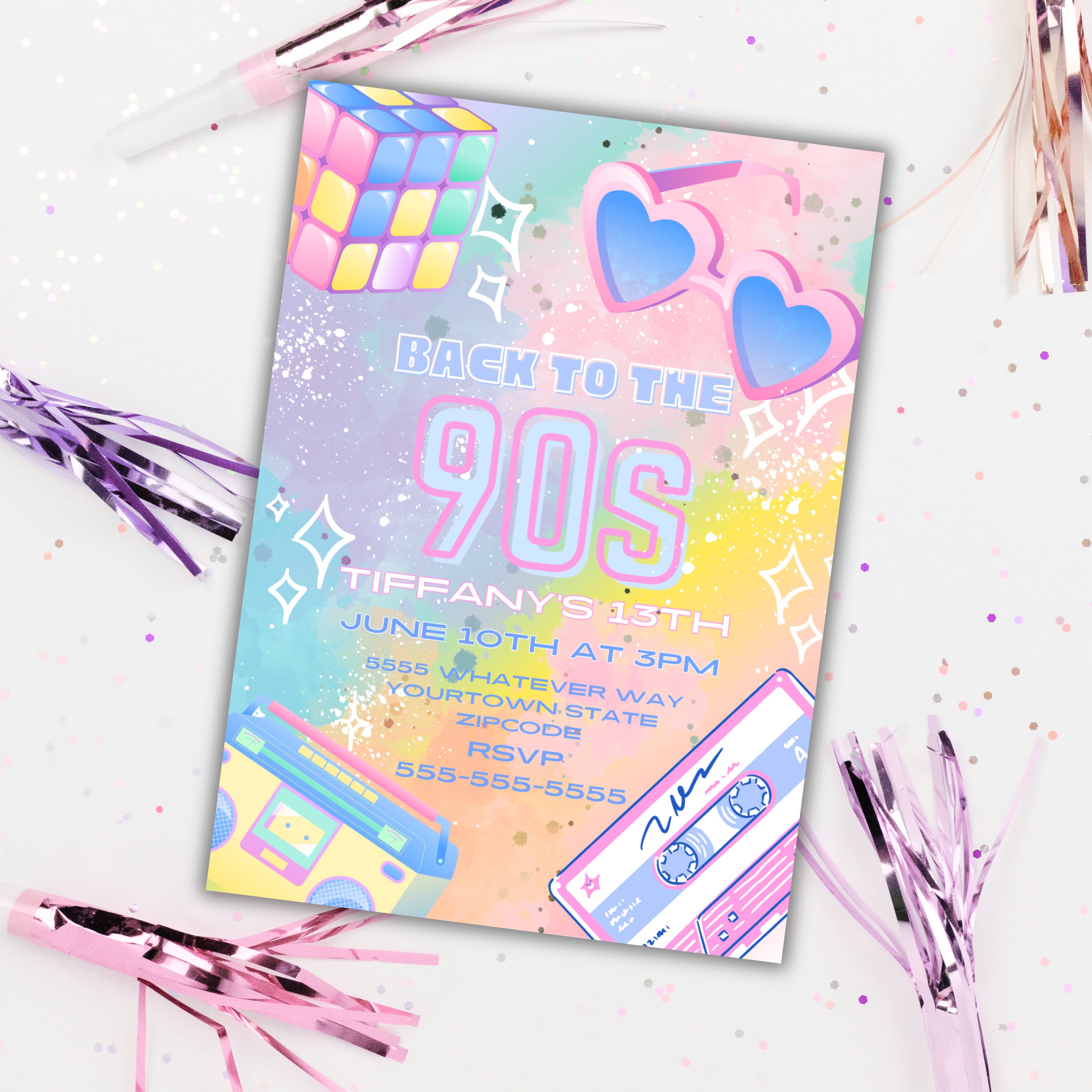 Girls 90s Theme Invite , Pastel Invitation Back to the 90s, 2000s Party ...