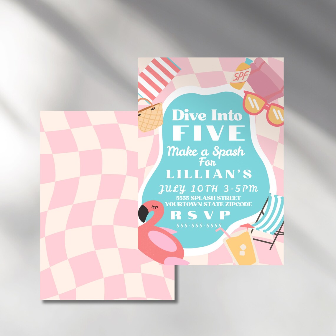 Editable Girl Dive Into Five Invitation Flamingo Pool Party Cool 5th ...