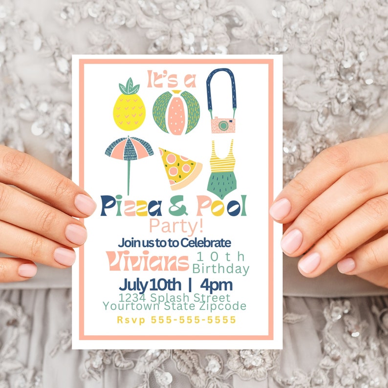 Editable Pizza Pool Party Invitation Retro Pink Swimming Retro Preppy ...