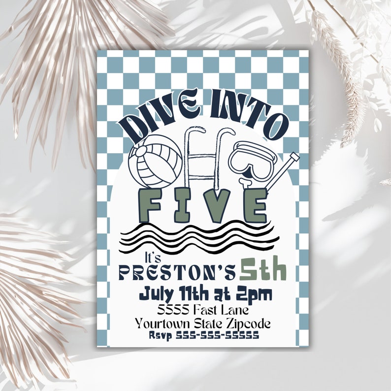Editable Dive Into Five Invitation Pool Party Cool 5th Birthday Party ...
