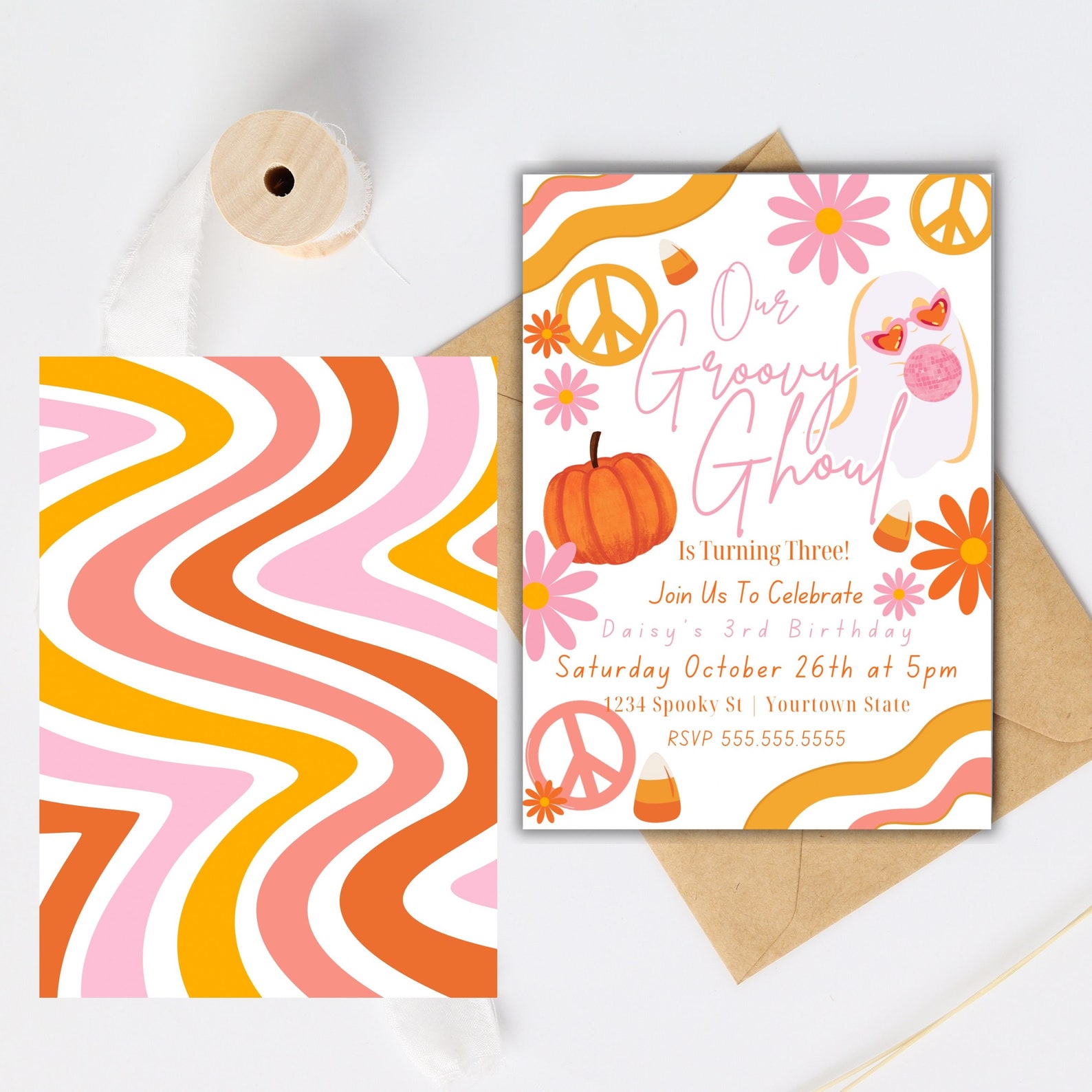 Editable Groovy Ghost Disco Birthday Invitation Halloween Ghoul 70s ...