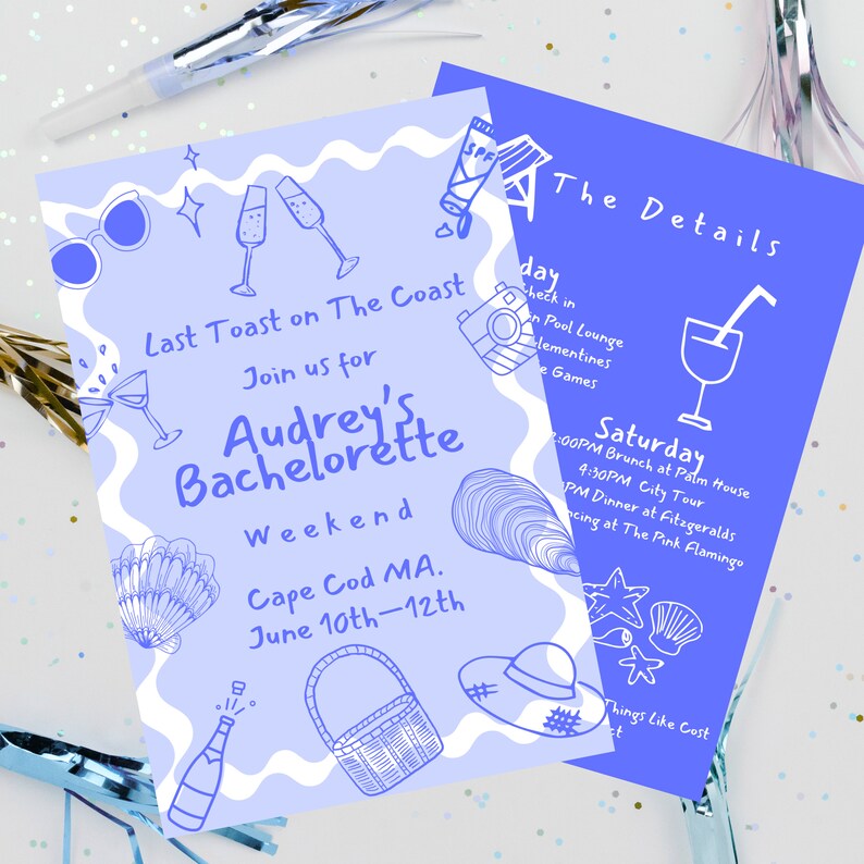 Editable Coastal Doodle Bachelorette Invitation Set Last Toast on the ...