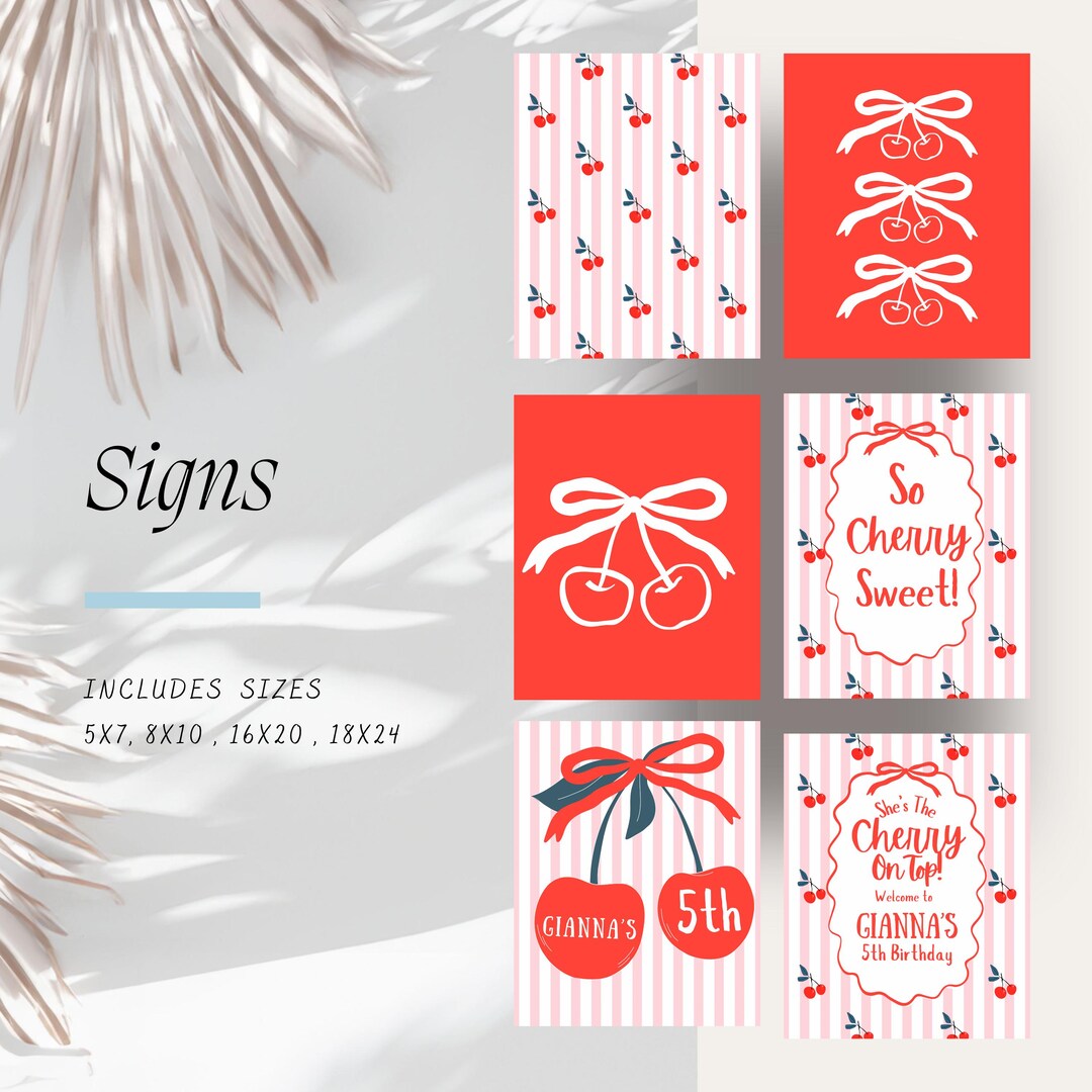 Editable Cherry on Top Birthday Bow Sign Decor Bow Theme Party Coquette ...