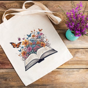 Books With Flower Tote Bag, Book Lovers Tote Bag, Books and Butterflies ...