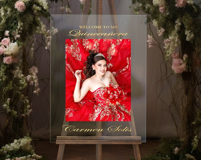 Custom Acrylic Quinceañera Welcome Sign: Gold Writing, Photo Entrance ...
