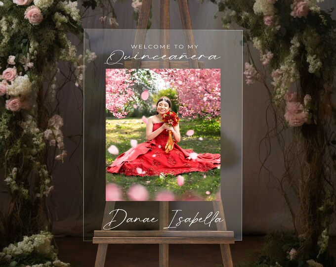 Custom Acrylic Quinceañera Welcome Sign: Gold Writing, Photo Entrance ...