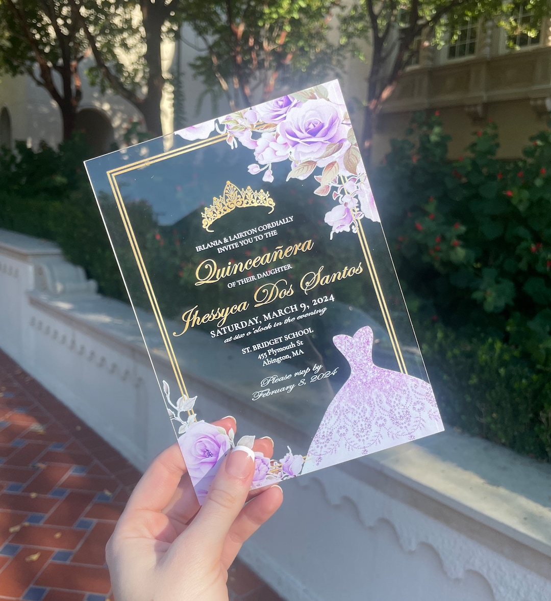Clear Acrylic Quinceañera Invitations With Lavender Flowers Gold Silver ...