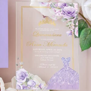 Clear Acrylic Quinceañera Invitations With Pink Flowers and Gold Text ...