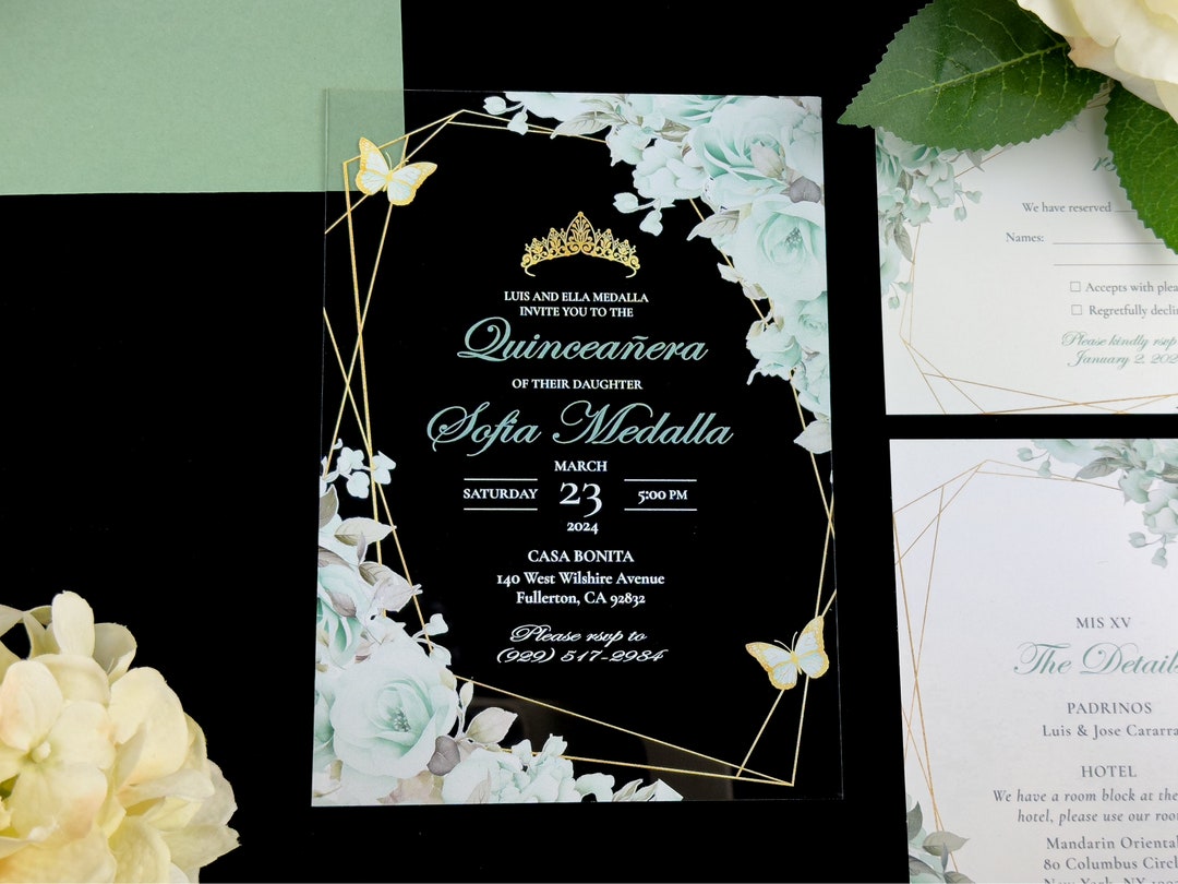 Clear Acrylic Quinceañera Invitations: Sage Flowers & Gold Butterflies ...