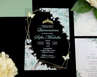Clear Acrylic Quinceañera Invitations With Pink Flowers Gold Silver ...