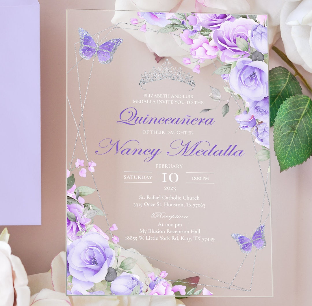 Clear Acrylic Quinceañera Invitations With Lavender Purple Flowers and ...