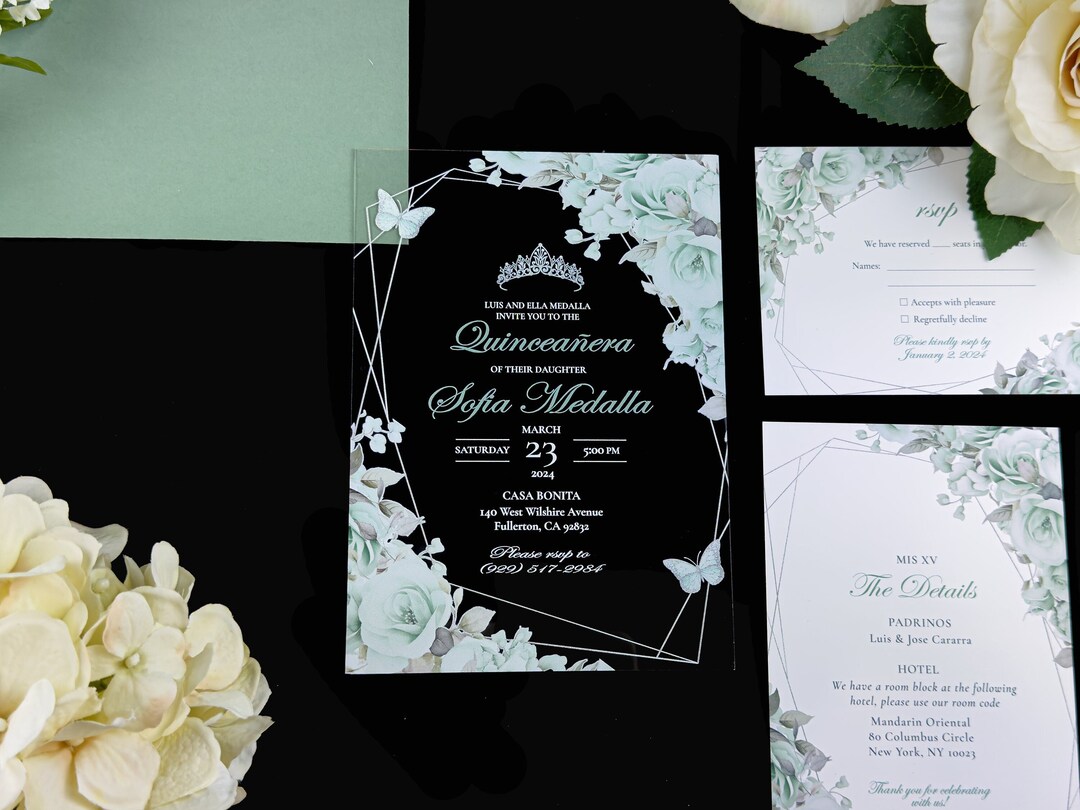 Clear Acrylic Quinceañera Invitations With Sage Flowers and Butterflies ...