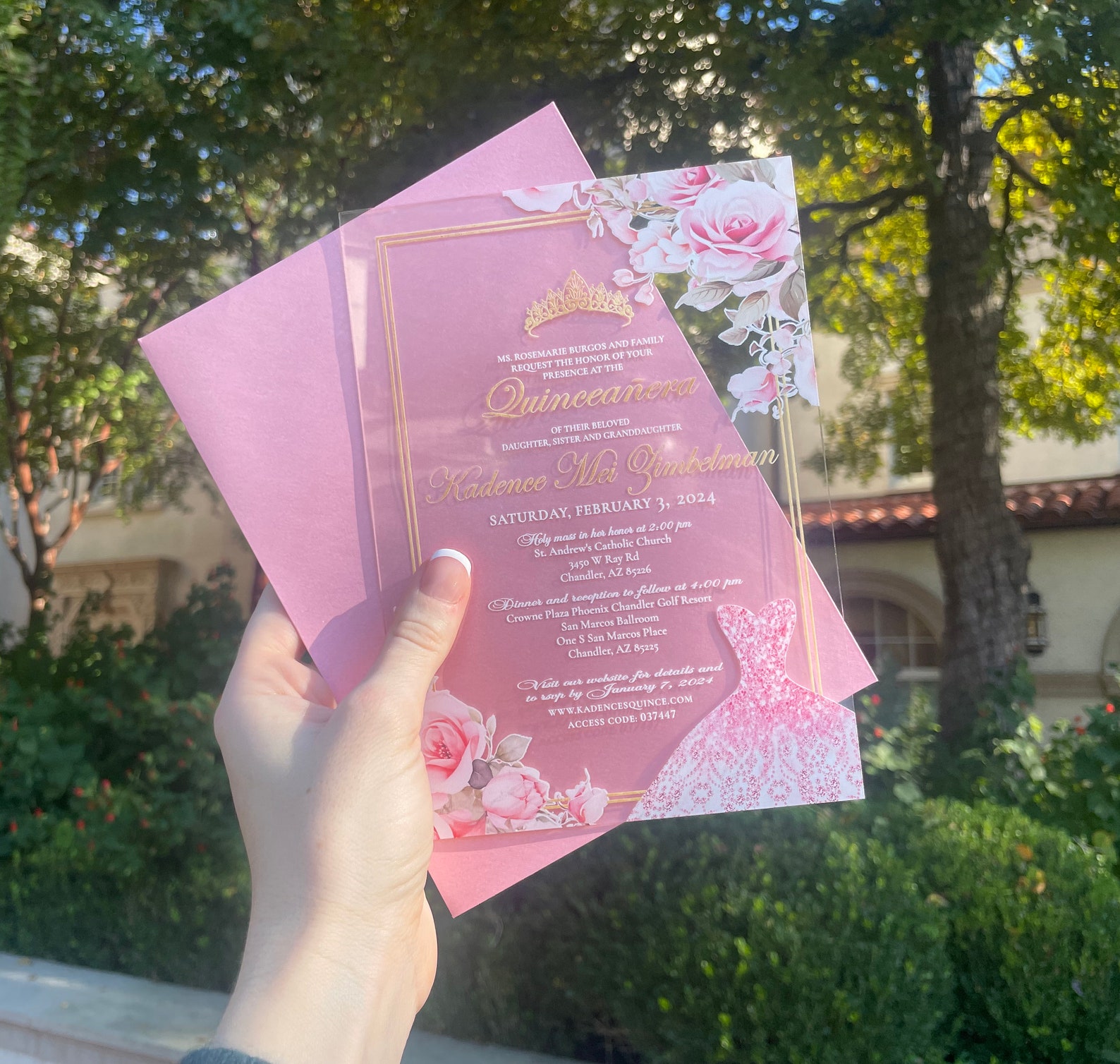 Clear Acrylic Quinceañera Invitations With Pink Flowers Gold Silver ...