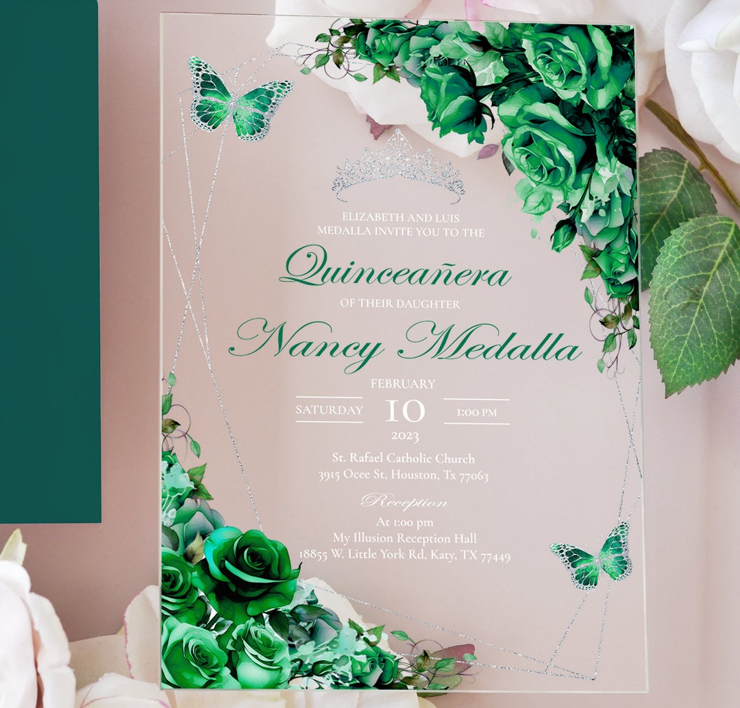 Clear Acrylic Quinceañera Invitations With Emerald Green Flowers and ...