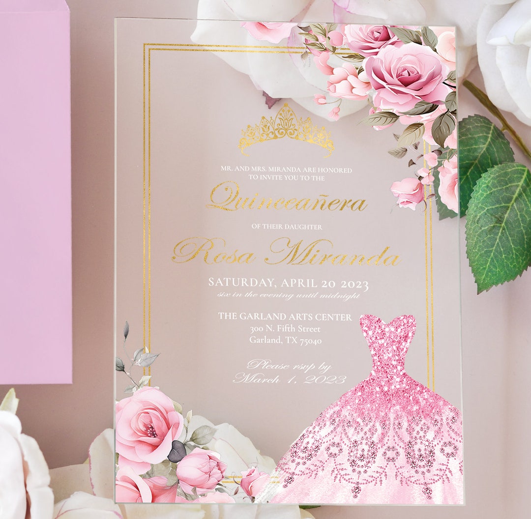 Clear Acrylic Quinceañera Invitations With Pink Flowers Gold Silver ...