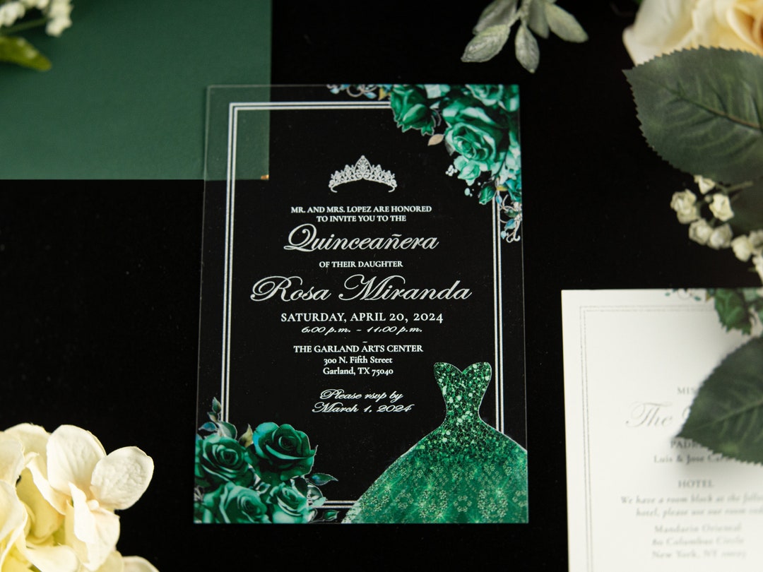 Clear Acrylic Quinceañera Invitations With Emerald Flowers and Gold ...
