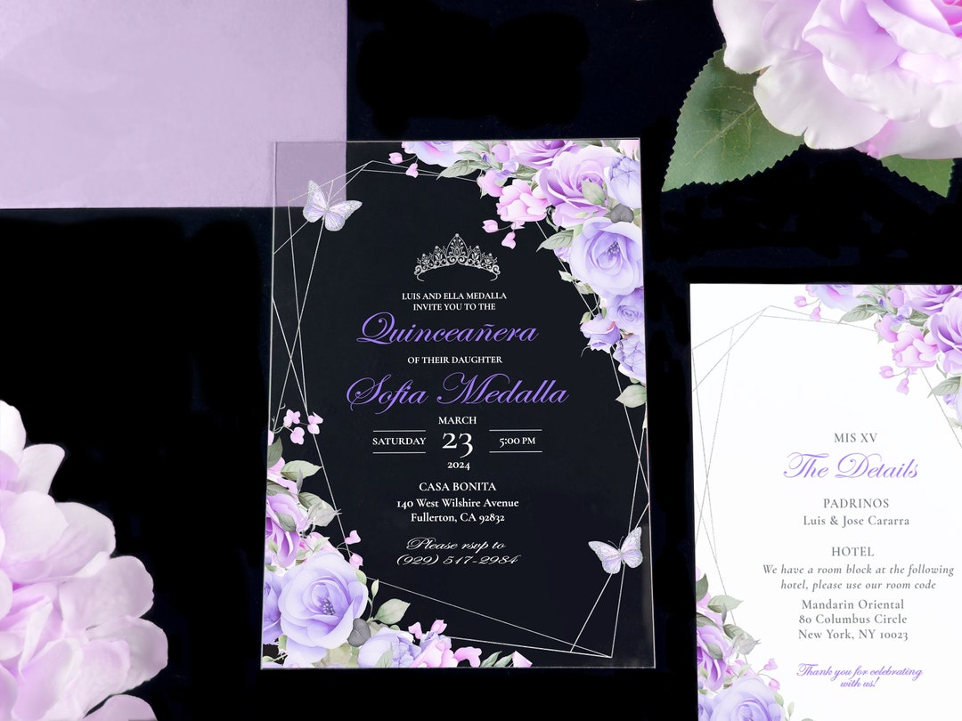 Clear Acrylic Quinceañera Invitations With Lavender Purple Flowers and ...